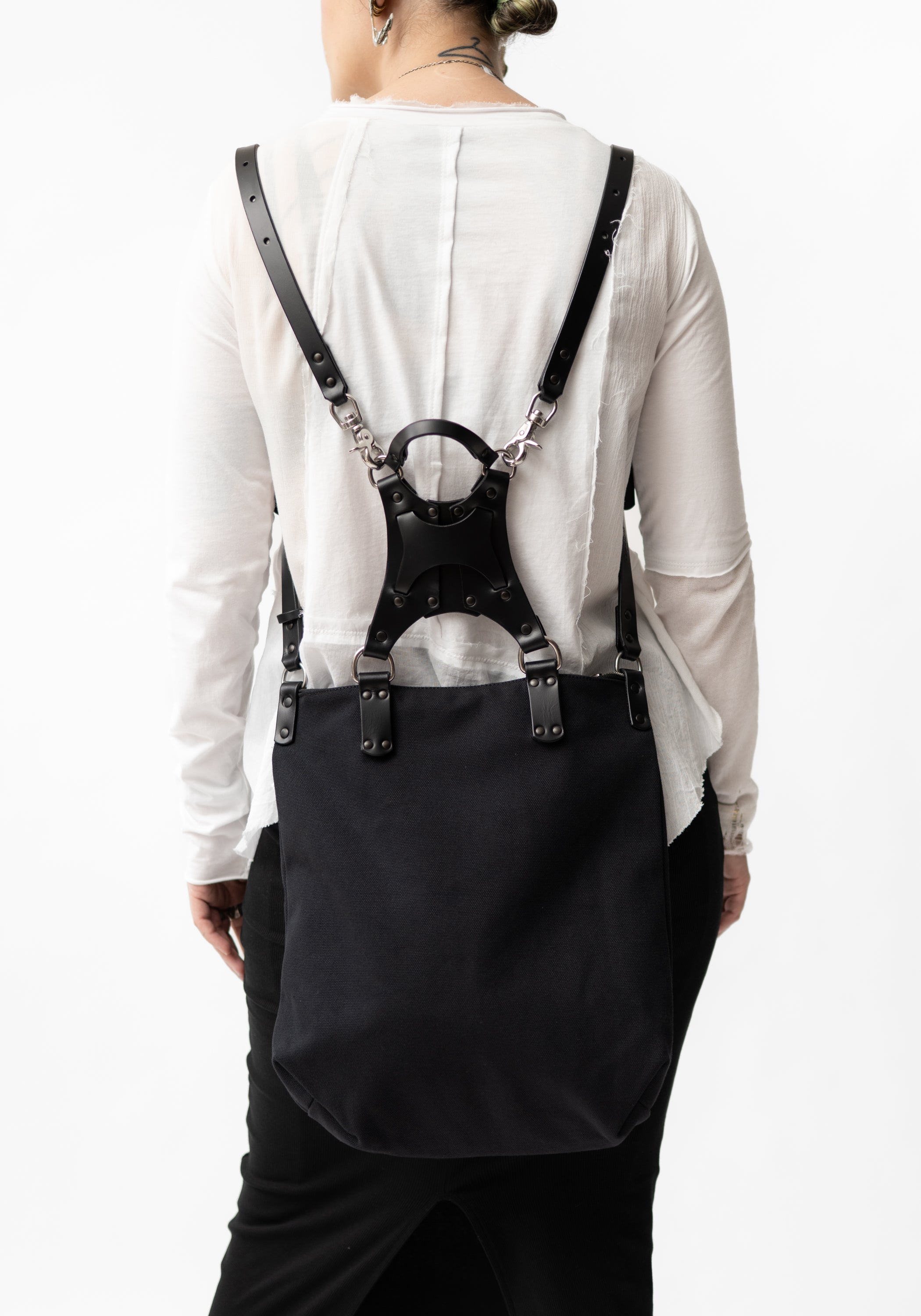Uto Black Canvas and Leather Harness Backpack/Shoulder Bag | Teo+NG ...
